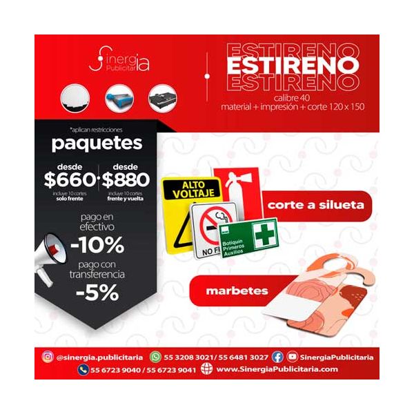 Paquete de Estireno Cal.40 120x150 cms Material + Impresión + Corte